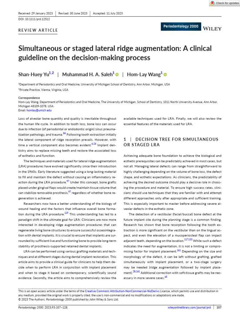 Periodontology 2000 - 2023 - Yu - Simultaneous or Staged Lateral Ridge ...
