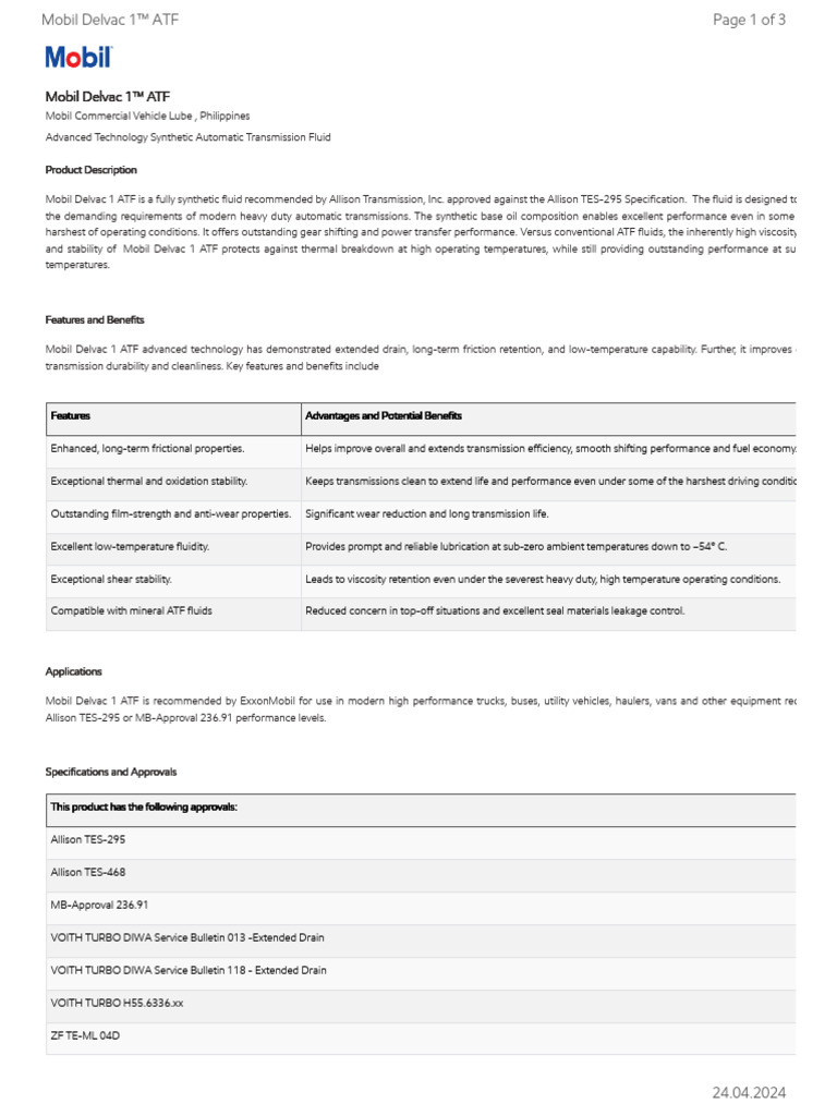 GL XX Mobil Delvac 1 ATF | PDF | Mechanical Engineering