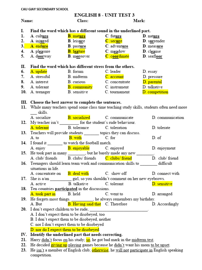E8 - U3 - Unit Test KEY | PDF | Adolescence | Behavioural Sciences