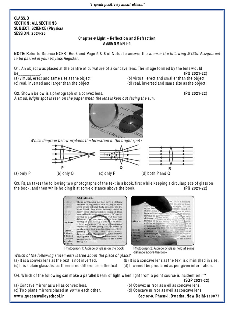 X - Science - Physics - CH-9 Light - Assignment-4 | PDF | Optics | Electromagnetic Radiation