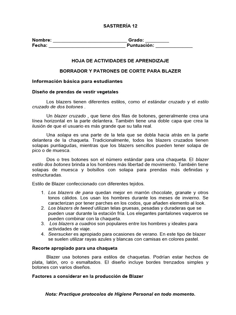 Sastrería-12 TRIMESTRE 3 LO 1 BORRADOR Y PATRÓN DE CORTE PARA BLAZER ...