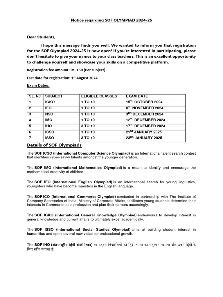 Notice Regarding Sof Olympiad 2024 25 Pdf Business Travel