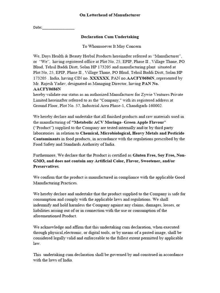 Manufacturer Declaration for Zywie Ventures | PDF | Law