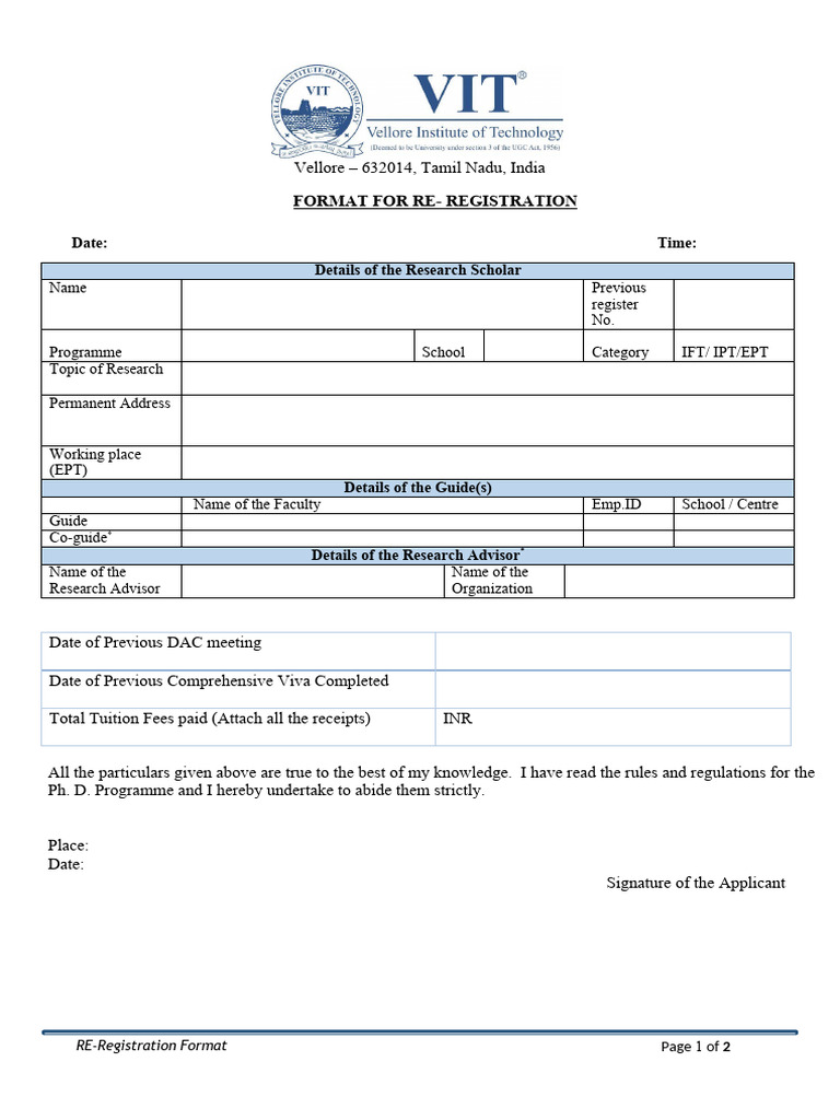 Re Registration Format | PDF | Doctor Of Philosophy