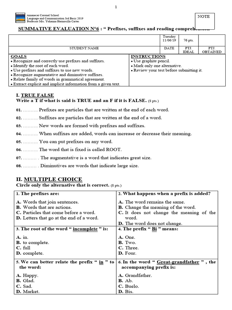 Summative Evaluation Nº6 Prefixes, Suffixes, Reading Comprehension ...