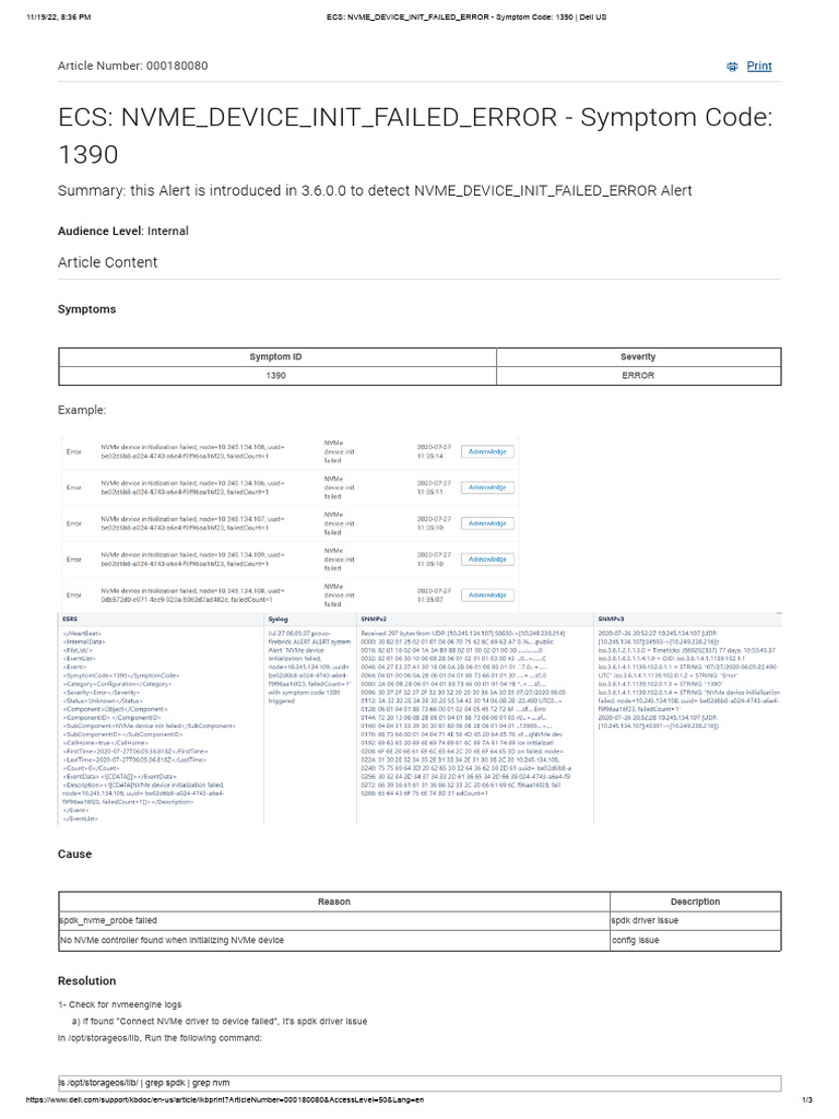 ECS - NVME - DEVICE - INIT - FAILED - ERROR - Symptom Code - 1390 - Dell US | PDF | Device ...