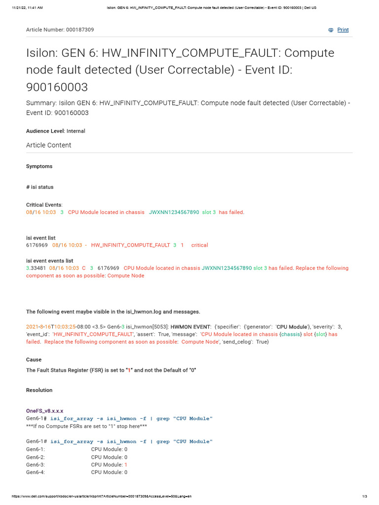 Isilon - GEN 6 - HW - INFINITY - COMPUTE - FAULT - Compute Node Fault ...