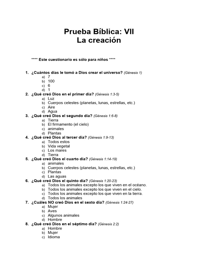 Un Cuestionario Bíblico para Niños Sobre La Historia de La Creación ...