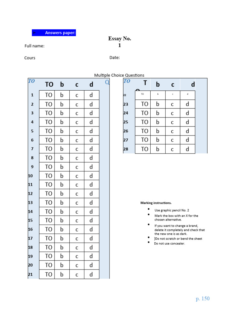 Answer Sheet | PDF | Multiple Choice | Data Collection
