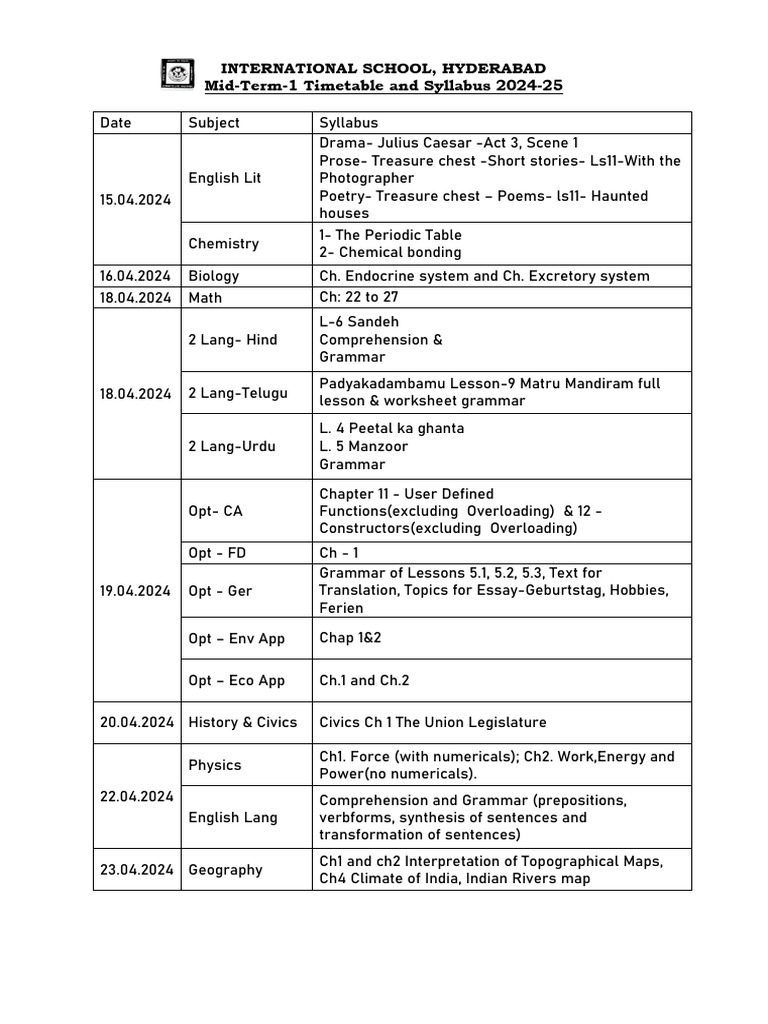 Grade 10 MT1 - Timetable&Syllabus | PDF