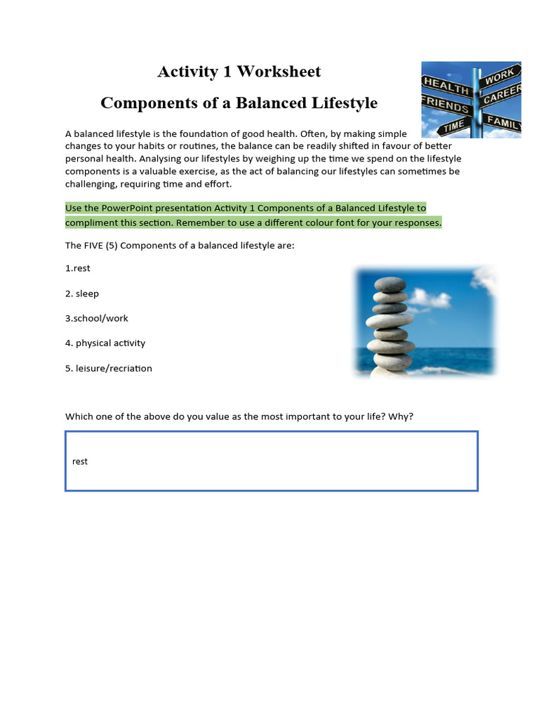 Activity 1B Worksheet - Components of A Balanced Lifestyle | PDF ...