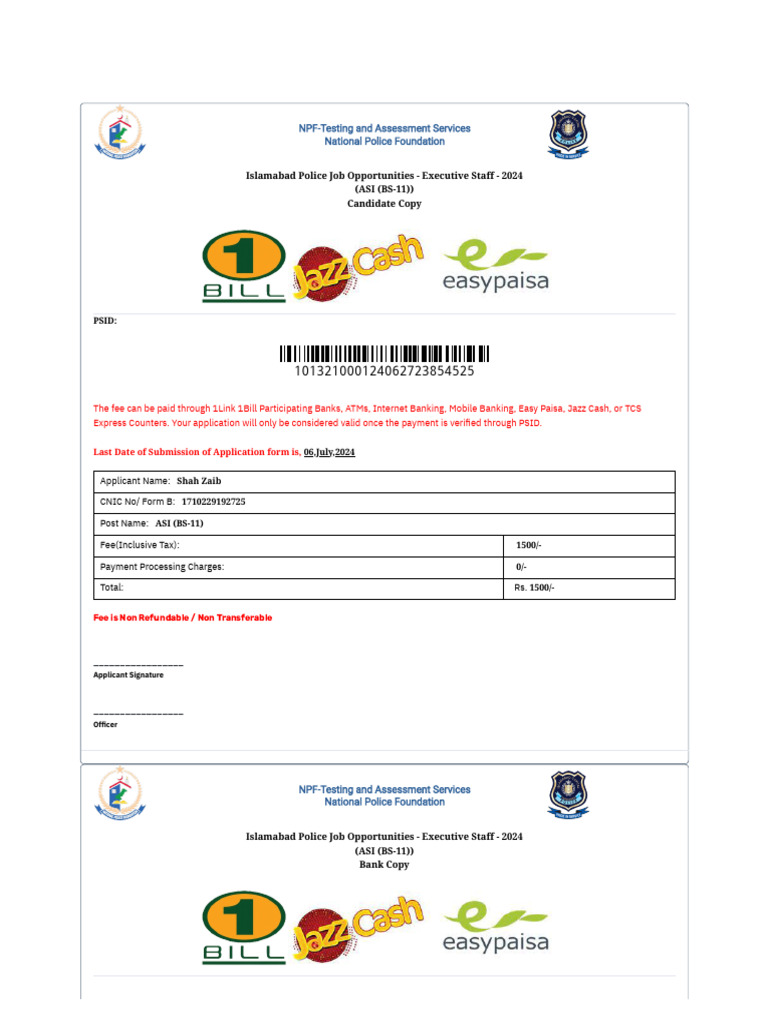 Islamabad Police ASI Application 2024 | PDF | Fee | Financial Technology