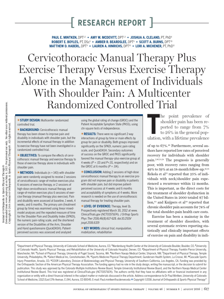 Cervicothoracic Manual Therapy Plus Exercise Therapy Versus Exercise ...