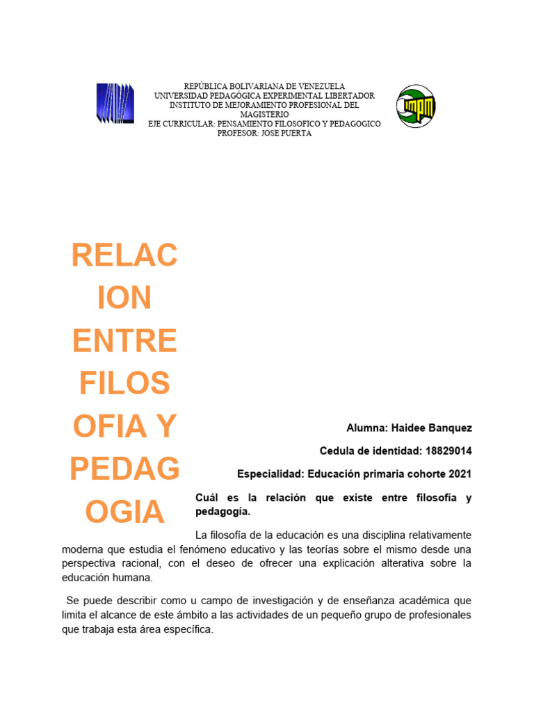 Relacion Entre Filosofia y Pedagogia | PDF | Pedagogía | Teoría Relacion Entre Filosofia y Pedagogia | PDF | Pedagogía | Teoría
