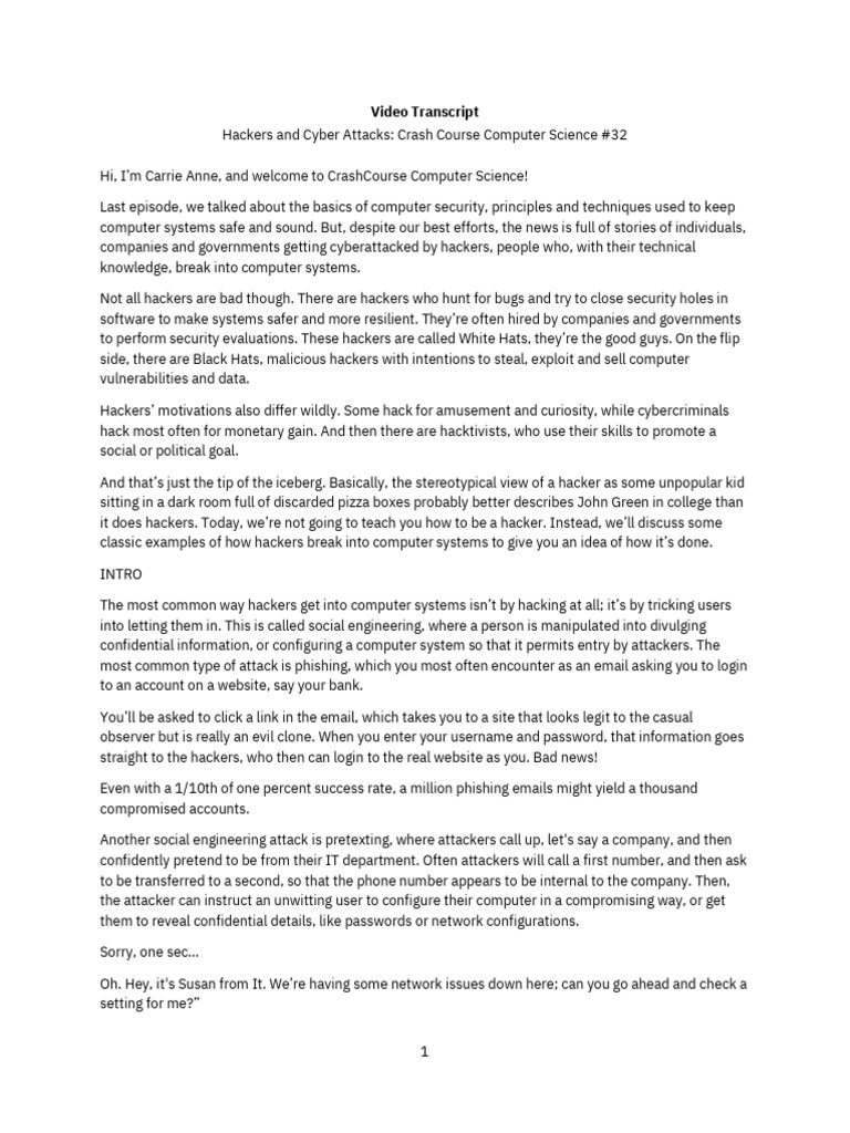 Hacker and Cyber Attacks Crash Course Transcript | PDF | Security ...