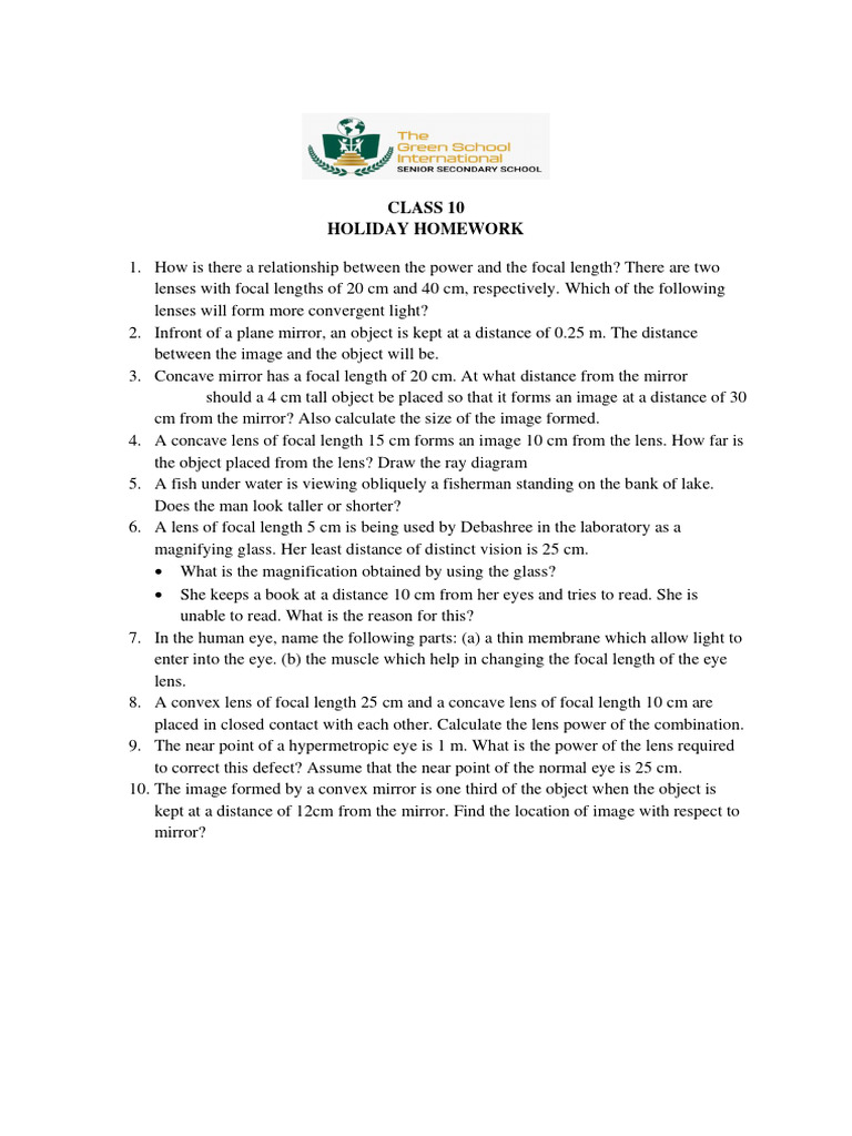 Class 10 Physics Holiday Homework | PDF