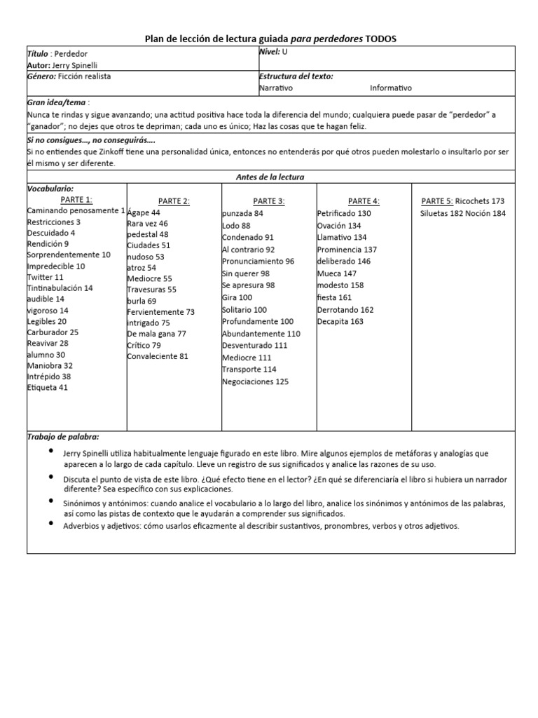 Plan de Lección de Lectura Guiada para Perdedores Todos | PDF | Artes ...
