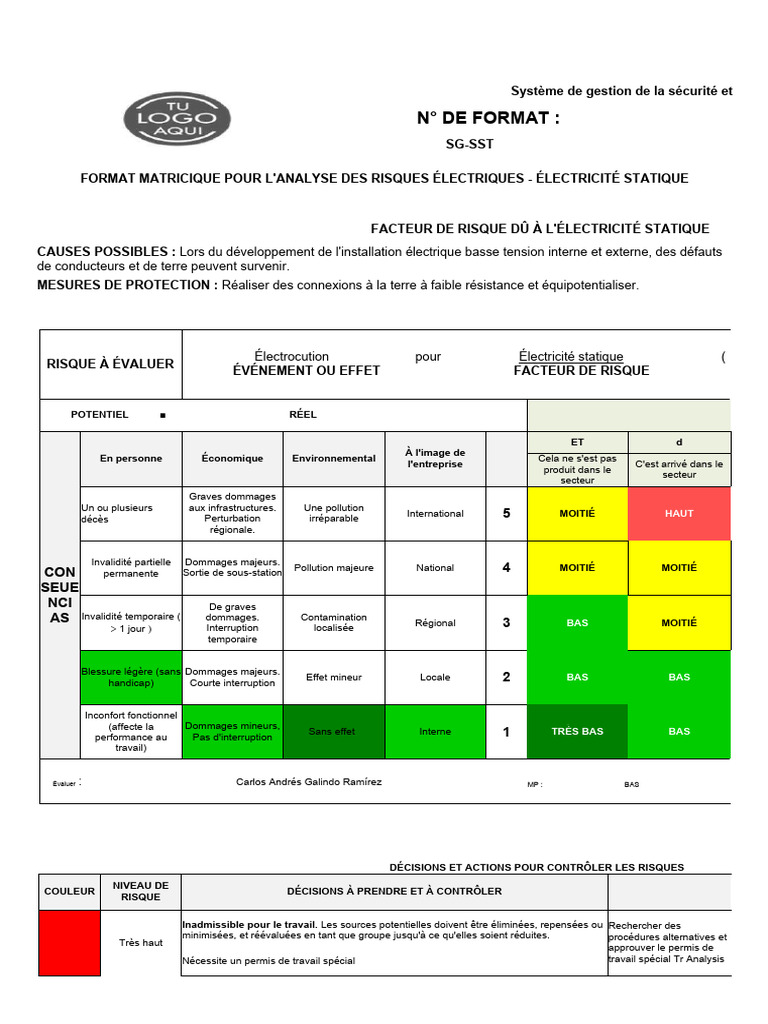 Format de Matrice FT-SST-104 Pour L'analyse Des Risques Électriques (Électricité Statique) | PDF ...
