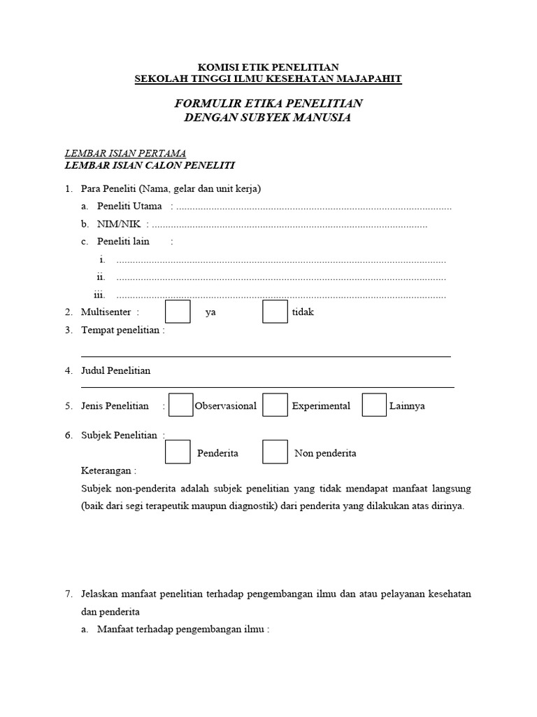 Form Pengajuan Etik Subjek Manusia | PDF
