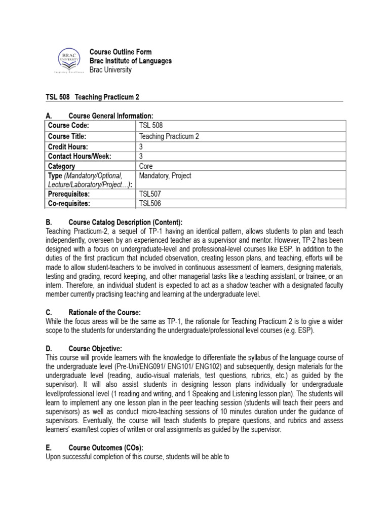 TSL 508 Teaching Practicum 2 Outline | PDF | Lesson Plan | Teachers