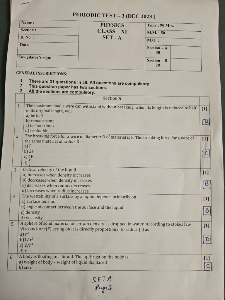 Answer Key Set A Xi Physics | PDF