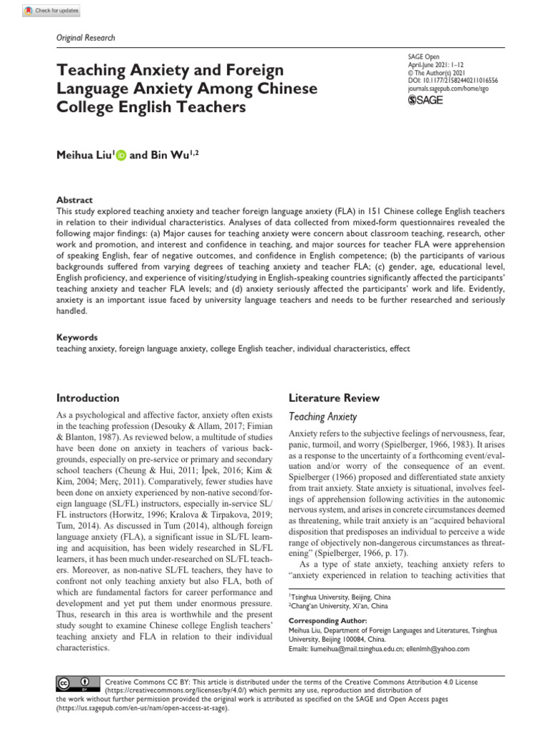Liu Wu 2021 Teaching Anxiety and Foreign Language Anxiety Among Chinese ...