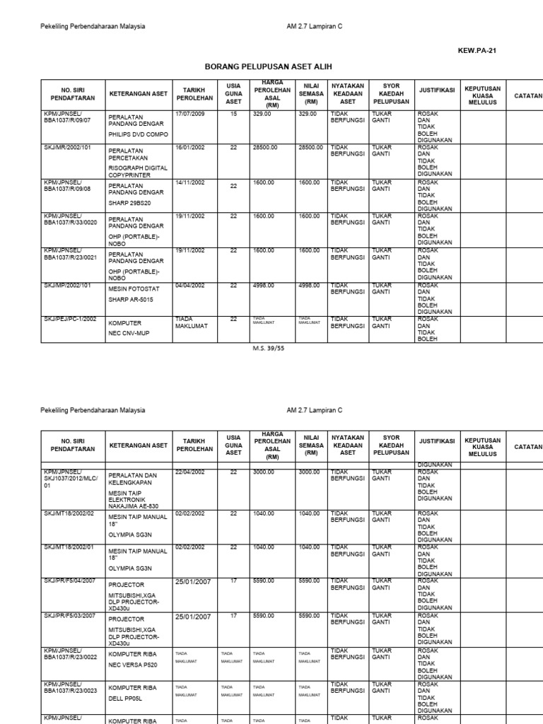 Kew - Pa-21 Borang Pelupusan Aset Alih | PDF