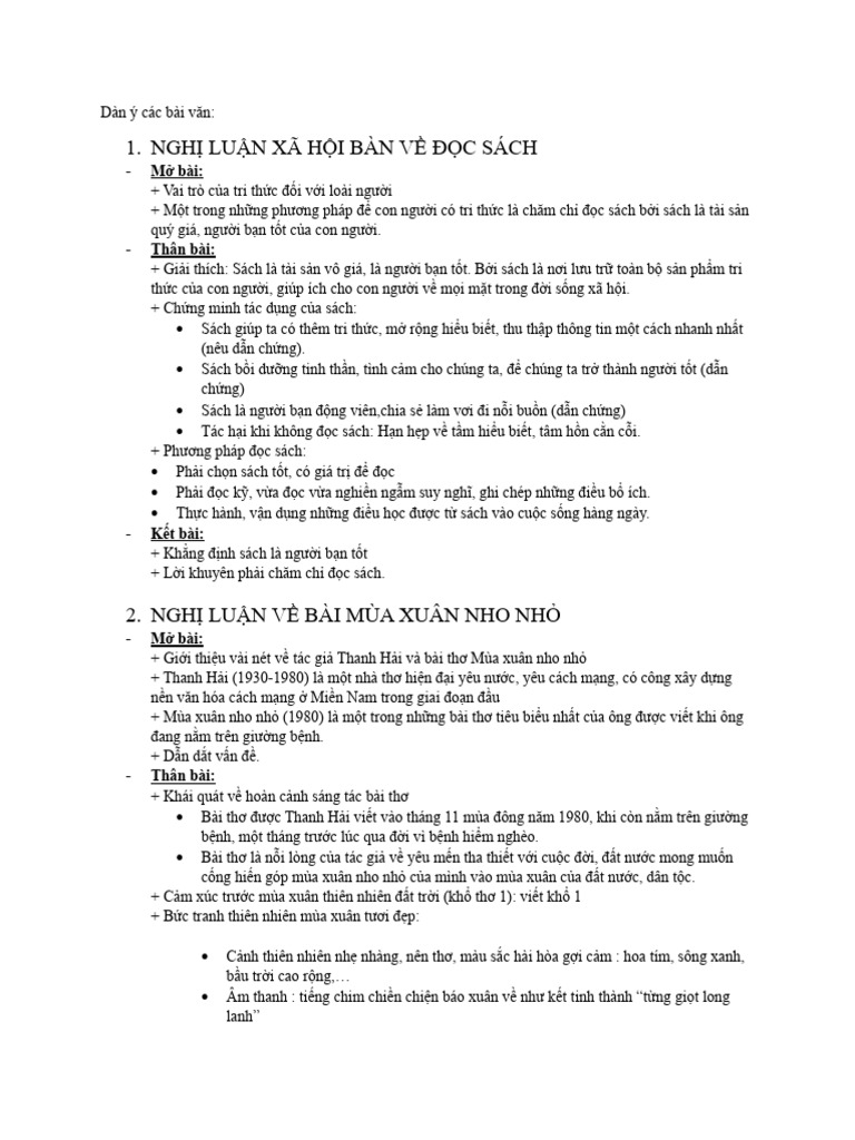 Dàn Ý Các Bài Văn | PDF