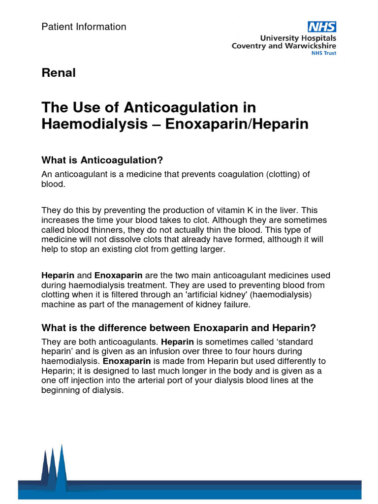 Anticoagulation in Haemodialysis: Enoxaparin & Heparin | PDF ...