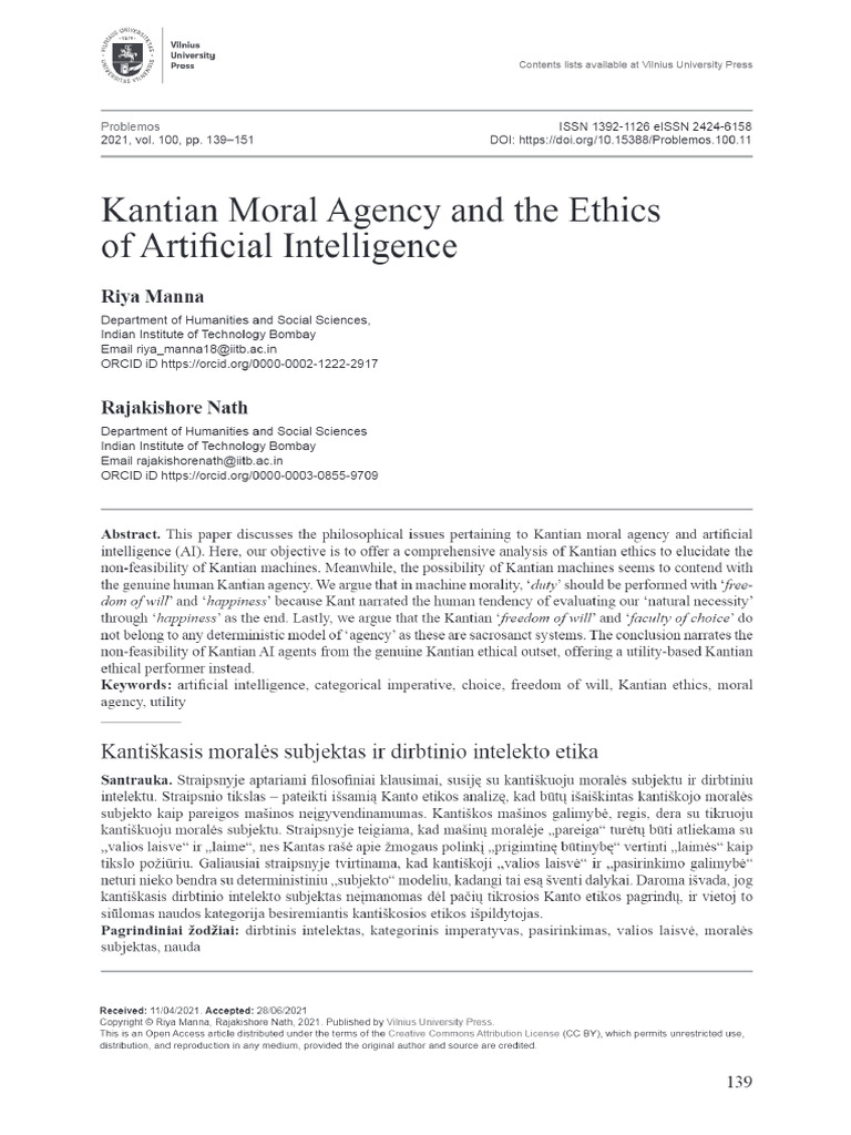 Kantian Moral Agency and The Ethics of Artificial Intelligence | PDF