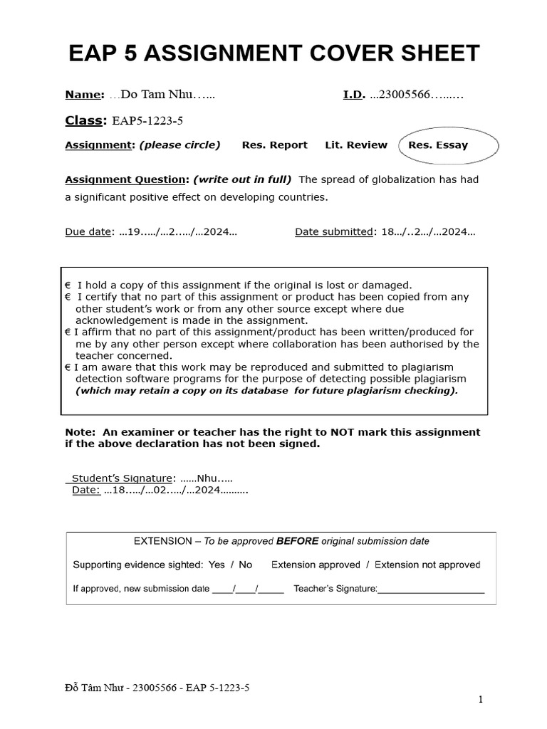 Eap 5 Assignment Cover Sheet: Do Tam Nhu | PDF | Globalization | Information And Communications ...