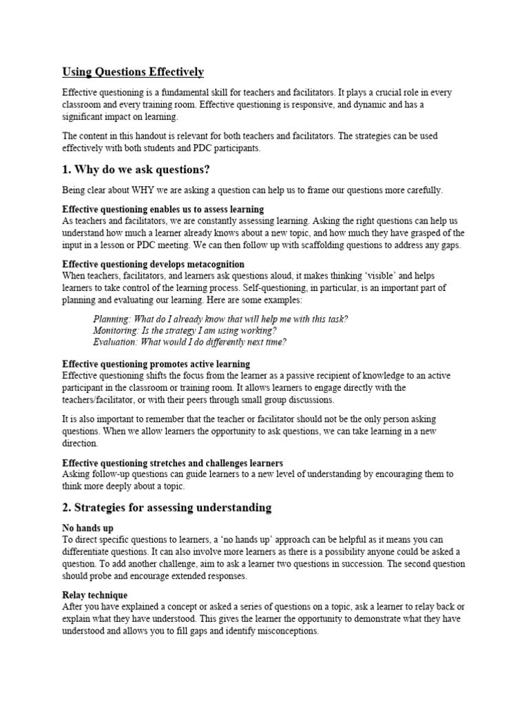PDC3 Handout - Effective Questioning | PDF | Learning | Education Theory