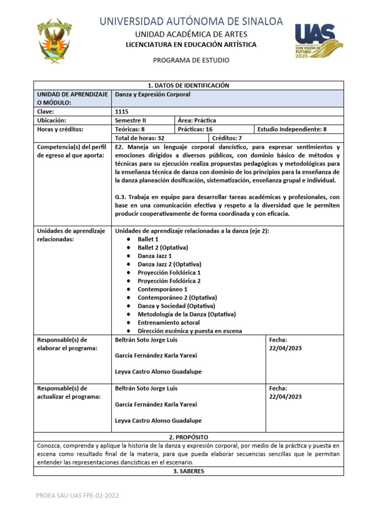 Formato de Programa de Estudio 2022 | PDF | Bailes | Maestros