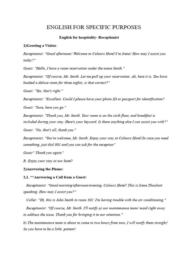 ENGLISH For A Receptionist | PDF