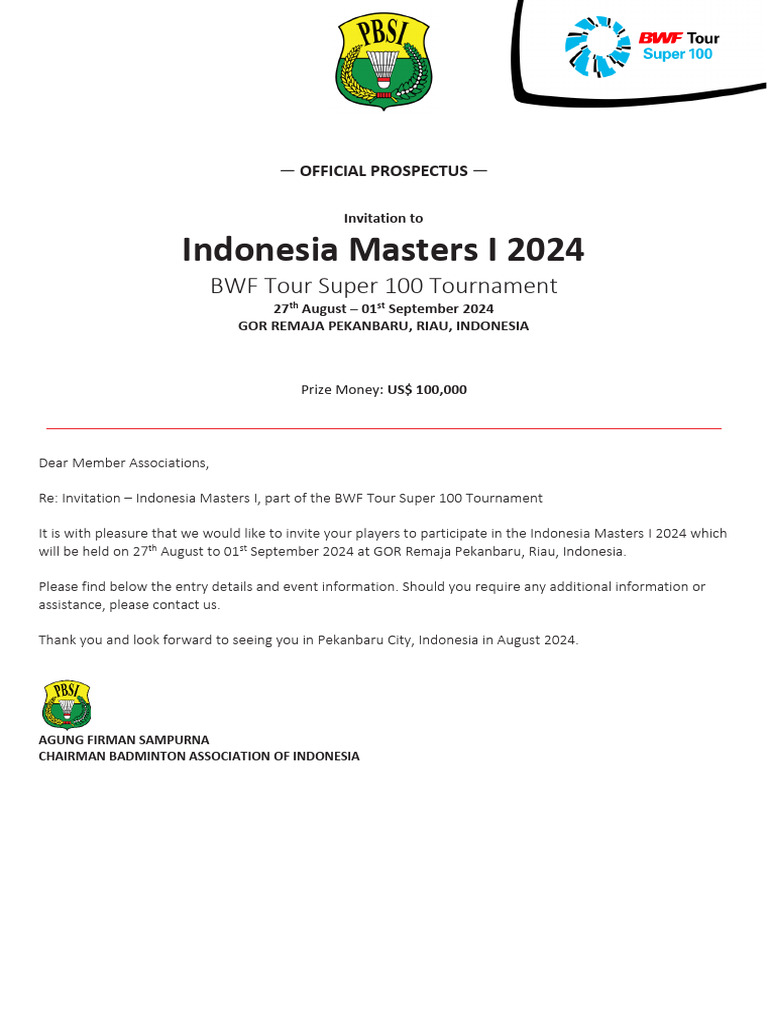 Indonesia Masters 2024 Pekanbaru - Prospectus - FINAL | PDF | Travel Visa