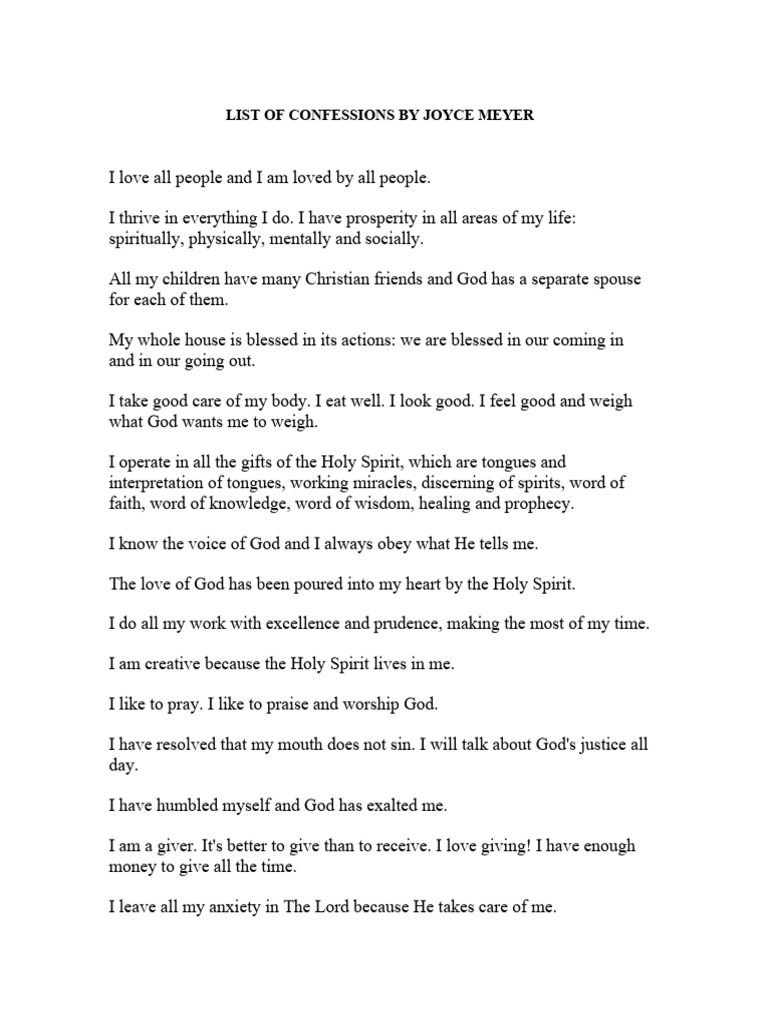 Joyce Meyer Positive Confessions List | PDF | Spiritual Gift ...
