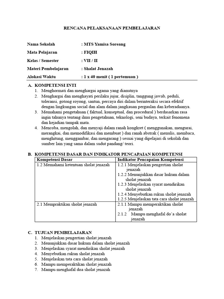 RPP Sholat Jenazah Kelas VII MTs 3 | PDF | Karier & Perkembangan