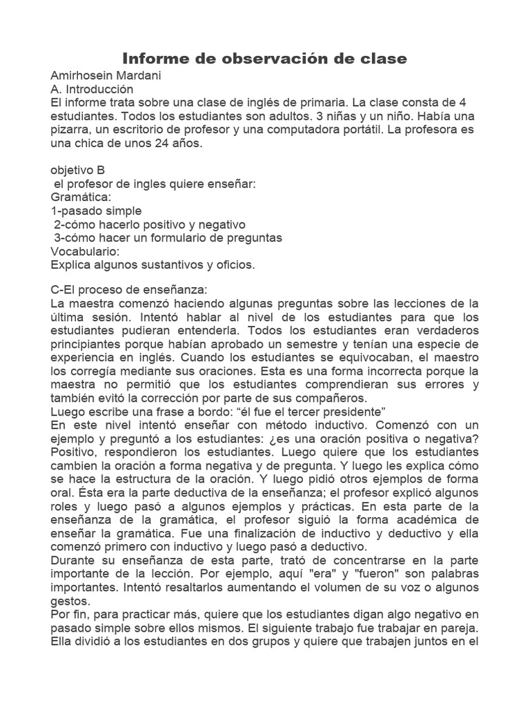 Informe de Observación de Clase | PDF | Enseñando | Salón de clases