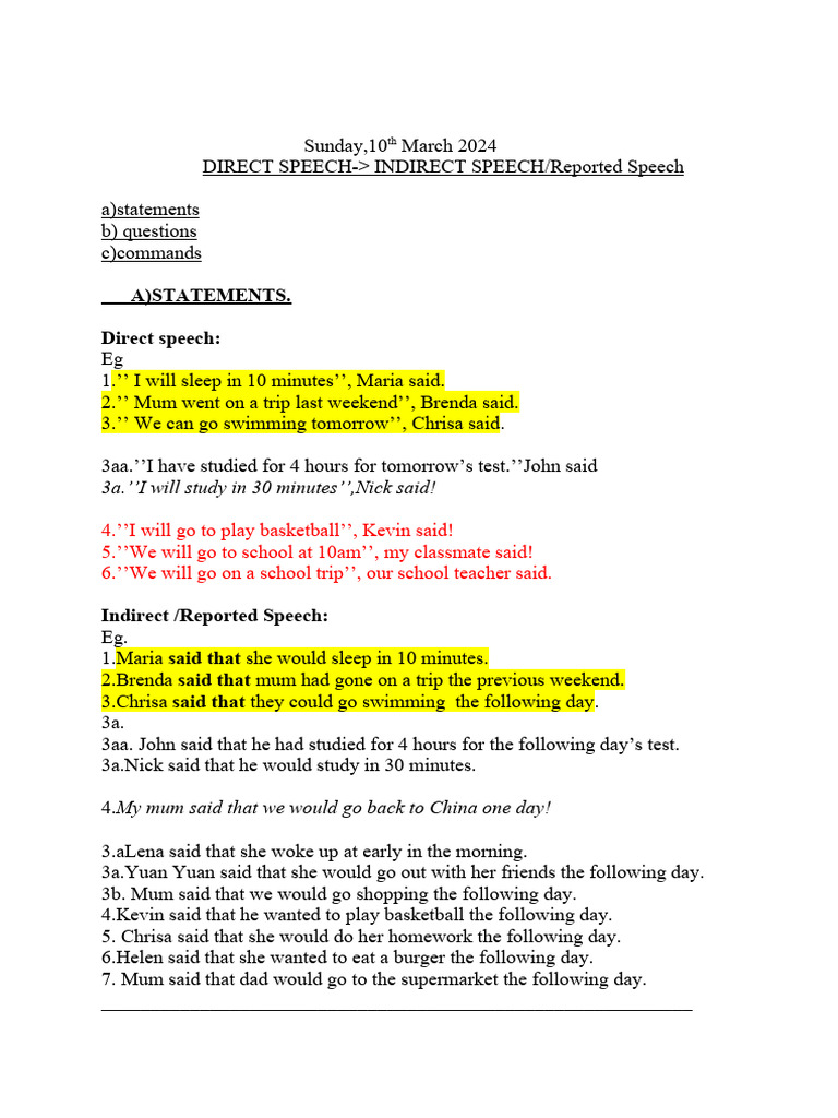 Indirect Speech: Reported Speech | PDF | Question | Syntax