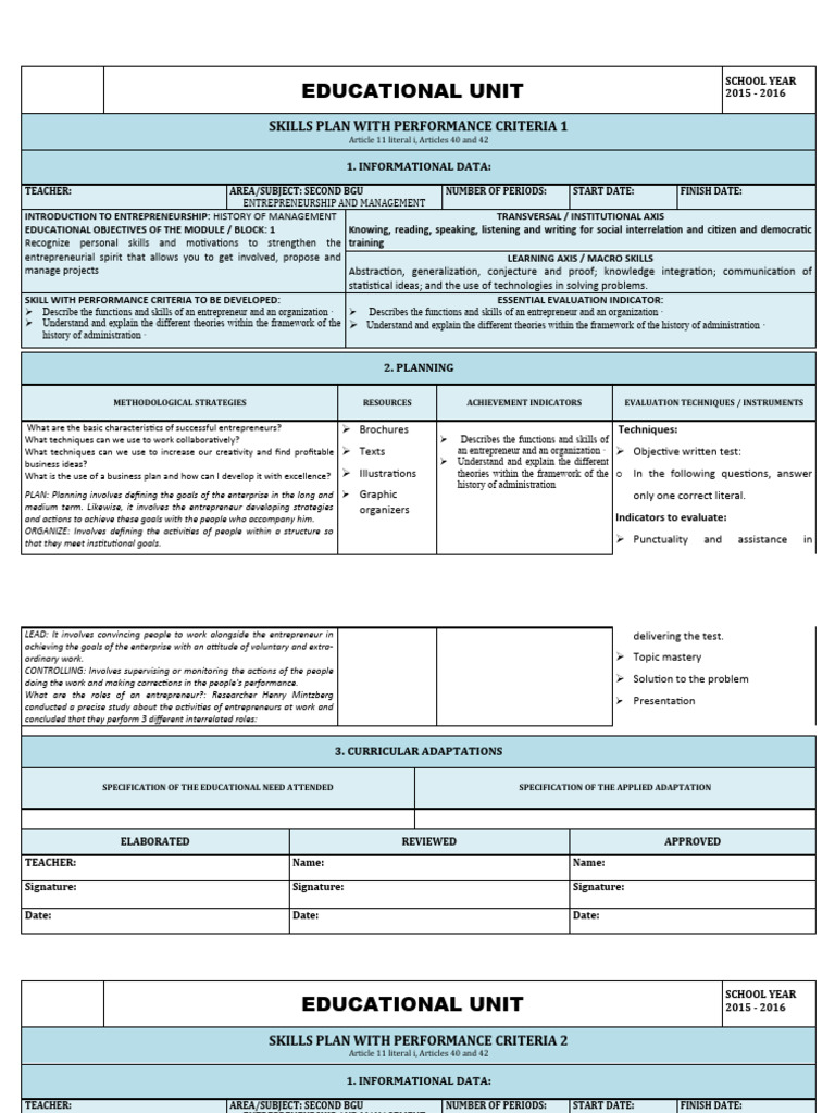 ENTREPRENEURSHIP AND MANAGEMENT CLASS PLAN 2nd and 3rd BGU | PDF ...
