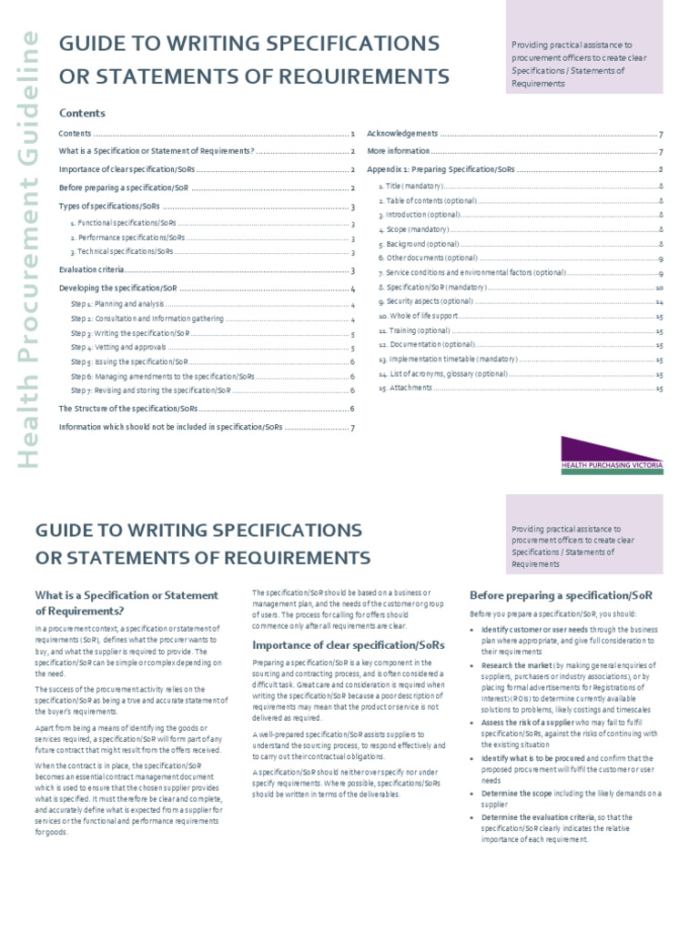 Guide To Specifications Writing or Statements of Requirements | PDF ...