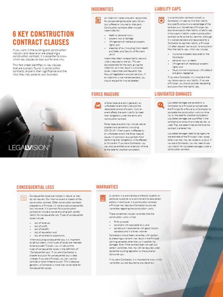 LegalVision 6 Key Construction Contract Clauses | PDF | Indemnity | Damages