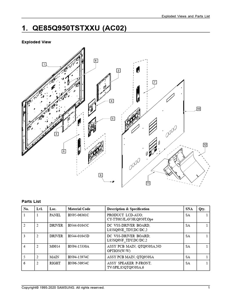 Samsung Qe85q950t Exploded View Parts List | Download Free PDF ...