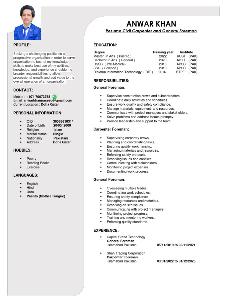 Civil, Carpenter and General Foreman CV | PDF | Internet | Carpentry