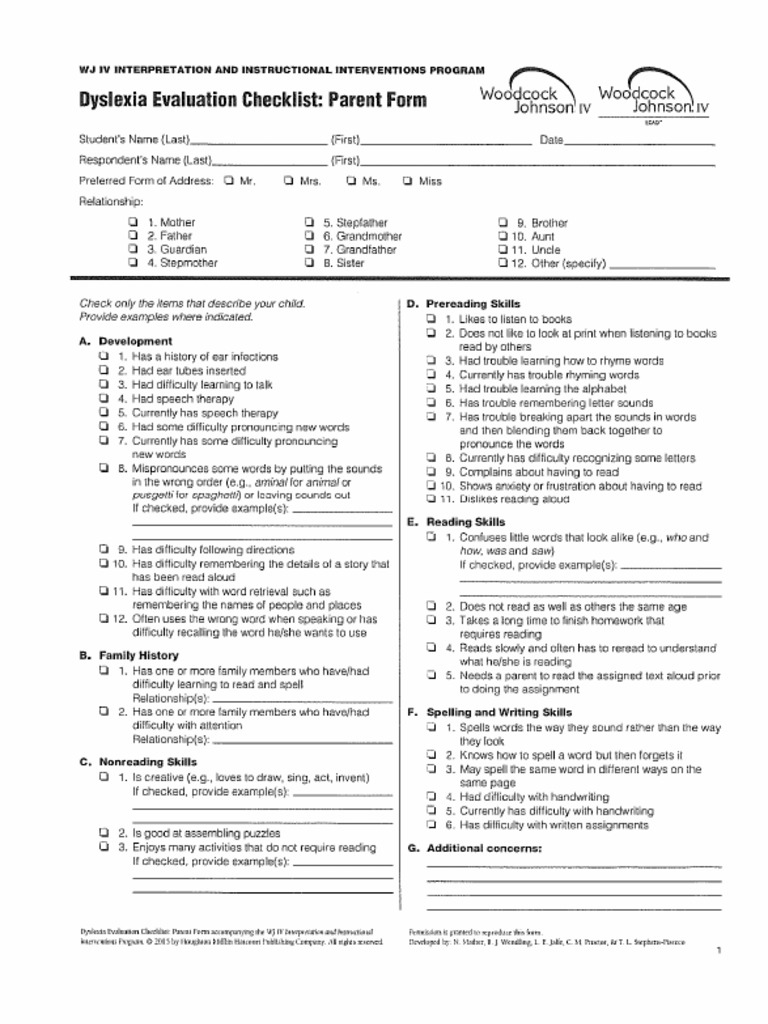 Parent Checklist and Questionnaire | PDF