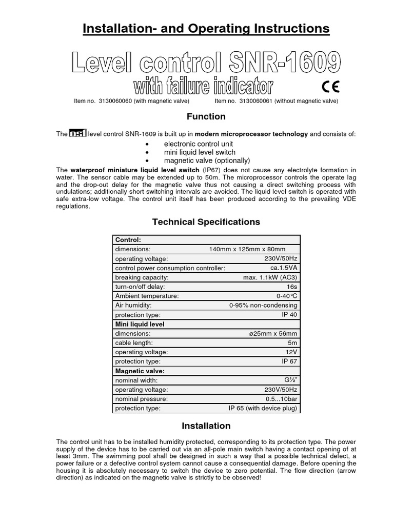 Operating Manual SNR-1609 | PDF | Switch | Valve