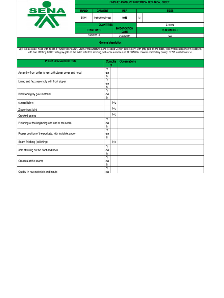 Finished Product Inspection Technical Sheet | PDF | Seam (Sewing) | Clothing