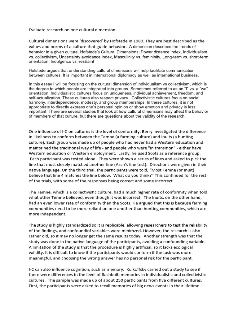 Evaluate Research On One Cultural Dimension | PDF | Conformity | Social ...