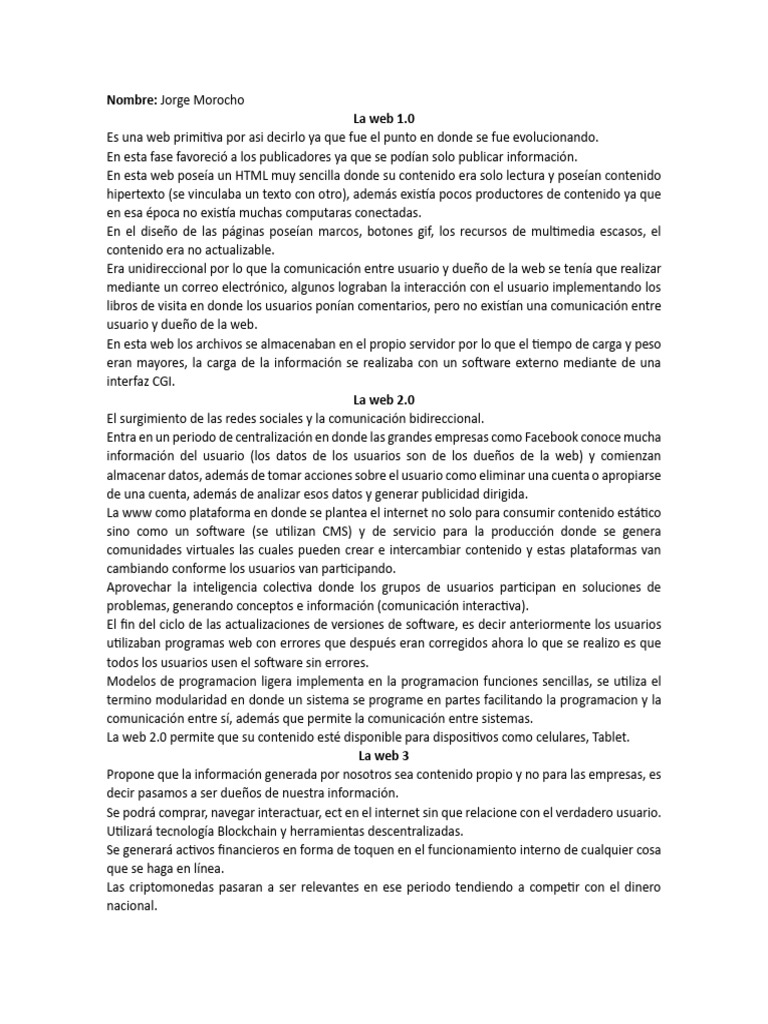 Nombre: Jorge Morocho La Web 1.0 | PDF | Red mundial | Internet y web