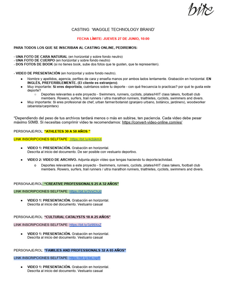 SELFTAPE Casting Bite Actings Waggle Technology Brand | PDF